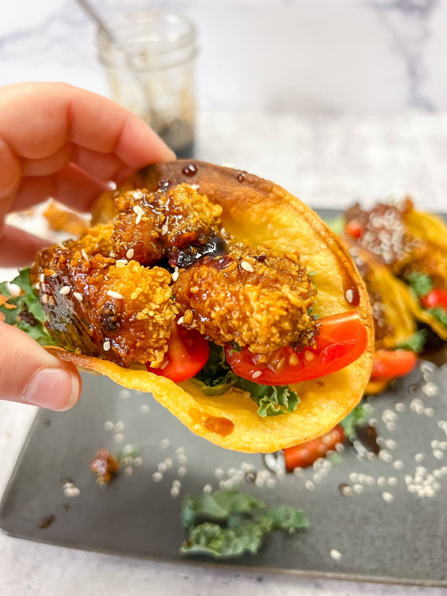 Best Crispy Sesame Ginger Chicken Tacos:Oven Baked - The Lazy K Kitchen